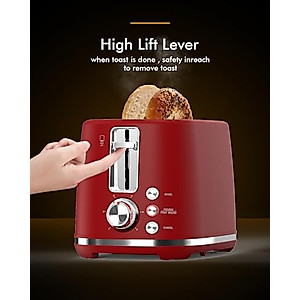 2 Slice Toaster with Extra Wide Slots & Removable Crumb Tray - 6 Browning Options, Auto Shut Off & Frozen Function, Toast Fruit Bread, Bagel & Waffle, Red