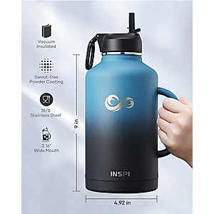64oz Water Bottle Insulated with Straw & 2 Lids, INSPI Double Wall Vacuum Stainless Steel Metal Large Jug with Handle, Wide Mouth Flask Mug with Carry Pouch, Keep Cold Hot for Travel, Indigo Black