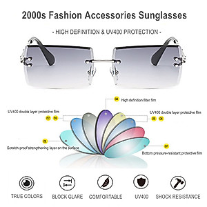 BAWUYI 90s 2000s Rectangle Rimless Sunglasses Women Men Y2K Accessories Vintage Retro Frameless Square Glasses UV400 Tinted Lens Silver-Grey