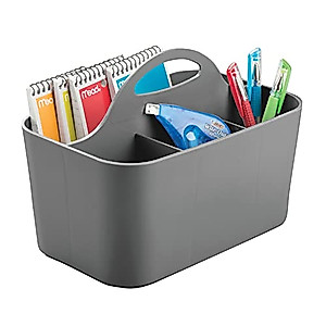 mDesign Plastic Small Office Storage Organizer Utility Tote Caddy with Handle for Cabinets, Desks, Workspaces - Hold Desktop Office Supplies, Pencils, Staplers Lumiere Collection, 2 Pack, Dark Gray