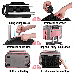 FINESUN Rolling Craft Bag - Rolling Bag with Wheels - Rolling Tote Bag- Rolling Teacher Bag - Wheeled Scrapbook Tote for Scrapbooking and Art - Travel Organizer Storage Bin for Paper,Glue,Tape Pink