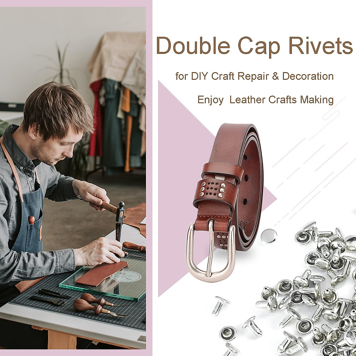 200Sets 6mm Round Cap Leather Rivets, Double Cap Rivets Tubular Metal Studs Rivets for Leather Purse Keyrings Repair and Crafts Decoration (6mm Silver)