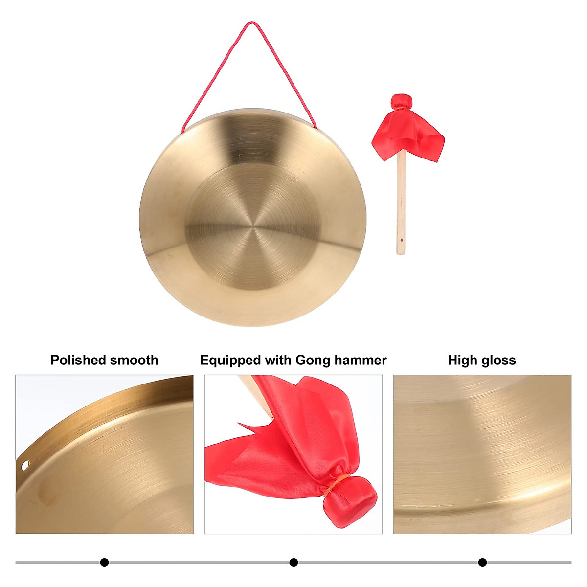 Vaguelly 1 Set of Brass Instruments - 22CM Copper Opera Gong Hand Gong with Wooden Mallet and Red Hanging Ribbon