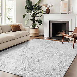 BEIMO Area Rugs 3X5 for Living Room Bedroom, Machine Washable Rug Vintage Floral Print Indoor Floor Cover，Lightweight Non Slip Backing Thin Rug with Gripper, Distressed Cream/Gray