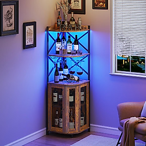 JKsmart Corner Bar Cabinet with LED Lights, 5-Tier Industrial Wine Bar Cabinet with Glass Holder, Farmhouse Liquor Cabinet with Shelf and Door, Home Bar for Coffee Bar Cabinet, Rustic Brown