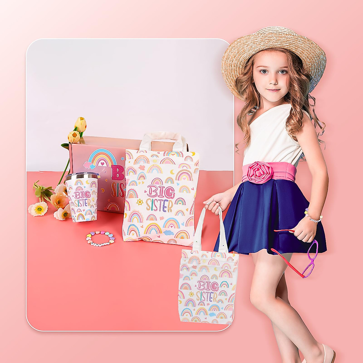 SGFYbkt Big Sister Gifts for Girls, New Gifts for Sister 12oz Big Sister Cup Mug Canvas Tote Bag Big Sister Bracelet Plush Headband Star Pillow Purse Sleep Eye-shade for Little Girls