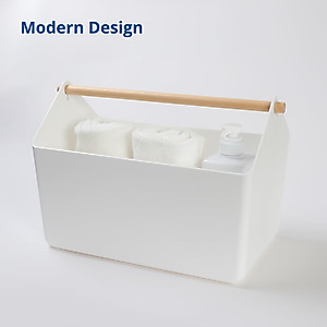 BLUE GINKGO Multipurpose Storage Baskets - 10.5L Large Plastic Storage Bins with Wooden Handles | Home, Kitchen, Bathroom, Nursery Storage Organizer (Made in Korea) - White