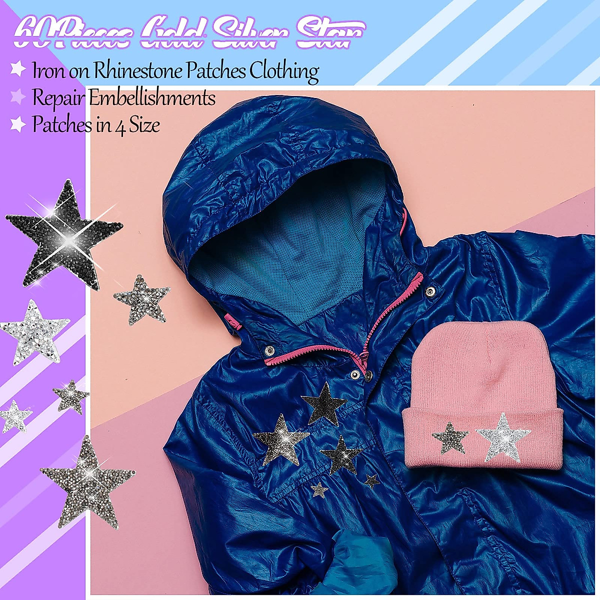 Geosar 60 Pcs Iron on Star Patches Star Shape Rhinestone Appliques Adhesive Glitter Star Patches Rhinestone Appliques Embellishments Patches for DIY (Black, Gray,Mixed Size)