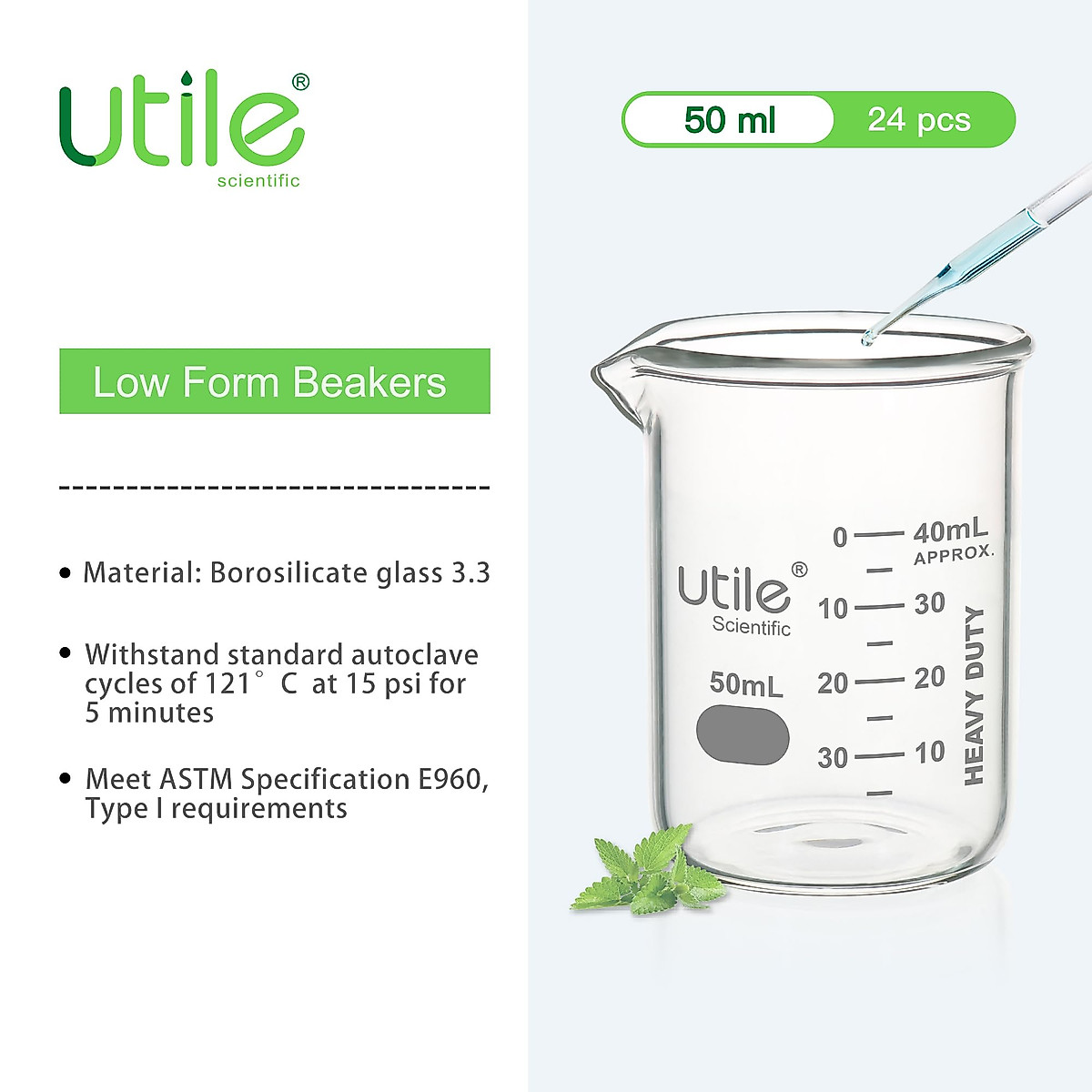 Utile 50ml Beaker Shot Glasses, 24pcs of 1.7oz Low Form Glass Beakers Set, Borosilicate 3.3 Glass Chemical Beaker with Printed Graduation, 4000.0050.24