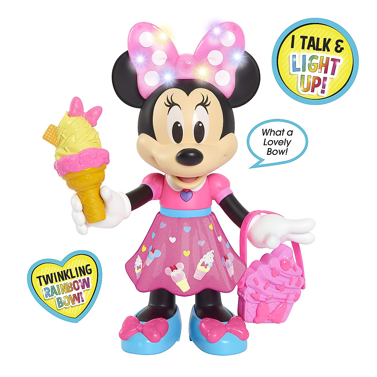 Disney Junior Sweets & Treats Minnie Mouse, Interactive 10-Inch Doll with Lights, Sounds, and Accessories, Officially Licensed Kids Toys for Ages 3 Up, Amazon Exclusive