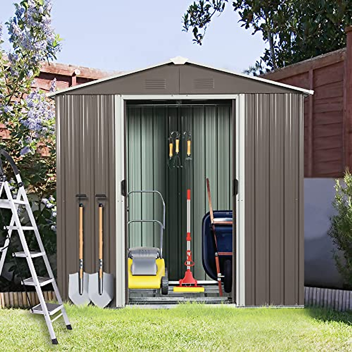 7.74ftx4.29ft Outdoor Storage Shed with Metal Foundation and Sliding Doors,Sun Protection,Waterproof Tool Storage Shed for Patio Lawn Backyard (Gray-7.74ftx4.29ft)
