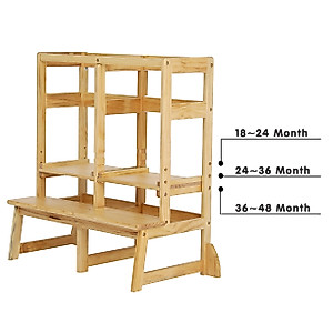 SDADI Kitchen Step Stool Tower for 2 Kids, Adjustable Height Double Learning Stool, Solid Wood Construction Toddler Tower (Natural)