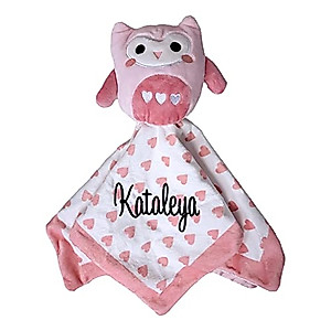 SONA G DESIGNS Baby Lovey Custom Personalized with Name Plush Security Blanket - Narwhale - Elephant - Owl for Infants Babies Toddlers Newborns (Pink Owl with Embroidered Name)