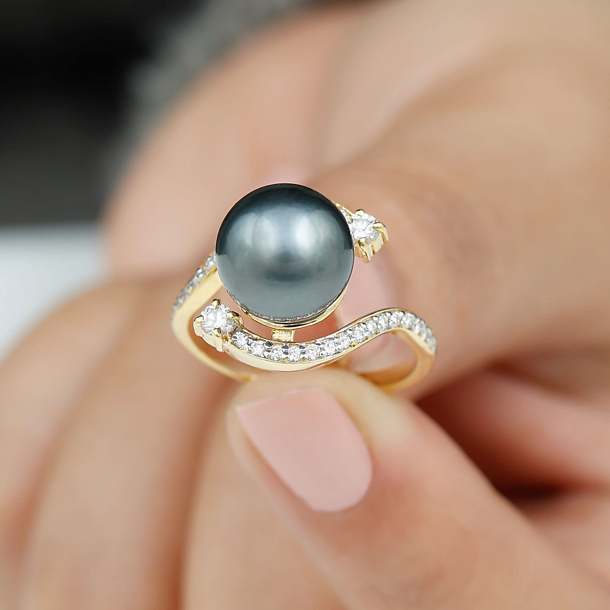 Rosec Jewels June Birthstone - 13 CT Statement Solitaire Ring with Tahitian Pearl and Diamond (AAA Quality), 14K Yellow Gold, Size:US 8.00