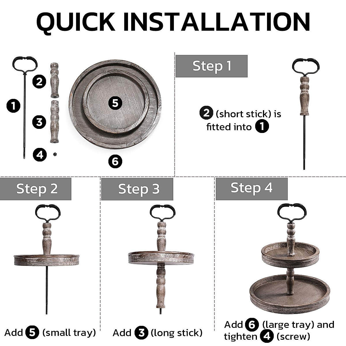 HYGGEISM Two Tier Tray Distressed Wood 2 Tiered Serving Tray Farmhouse, Decorative Wooden Rustic Cake Stand for Kitchen Counter Table, Coffee Bar Decor (Heart-Shaped Handle)