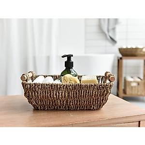 StorageWorks Small Wicker Baskets, Handwoven Baskets for Storage, Seagrass Rattan Baskets with Wooden Handles, 2-Pack