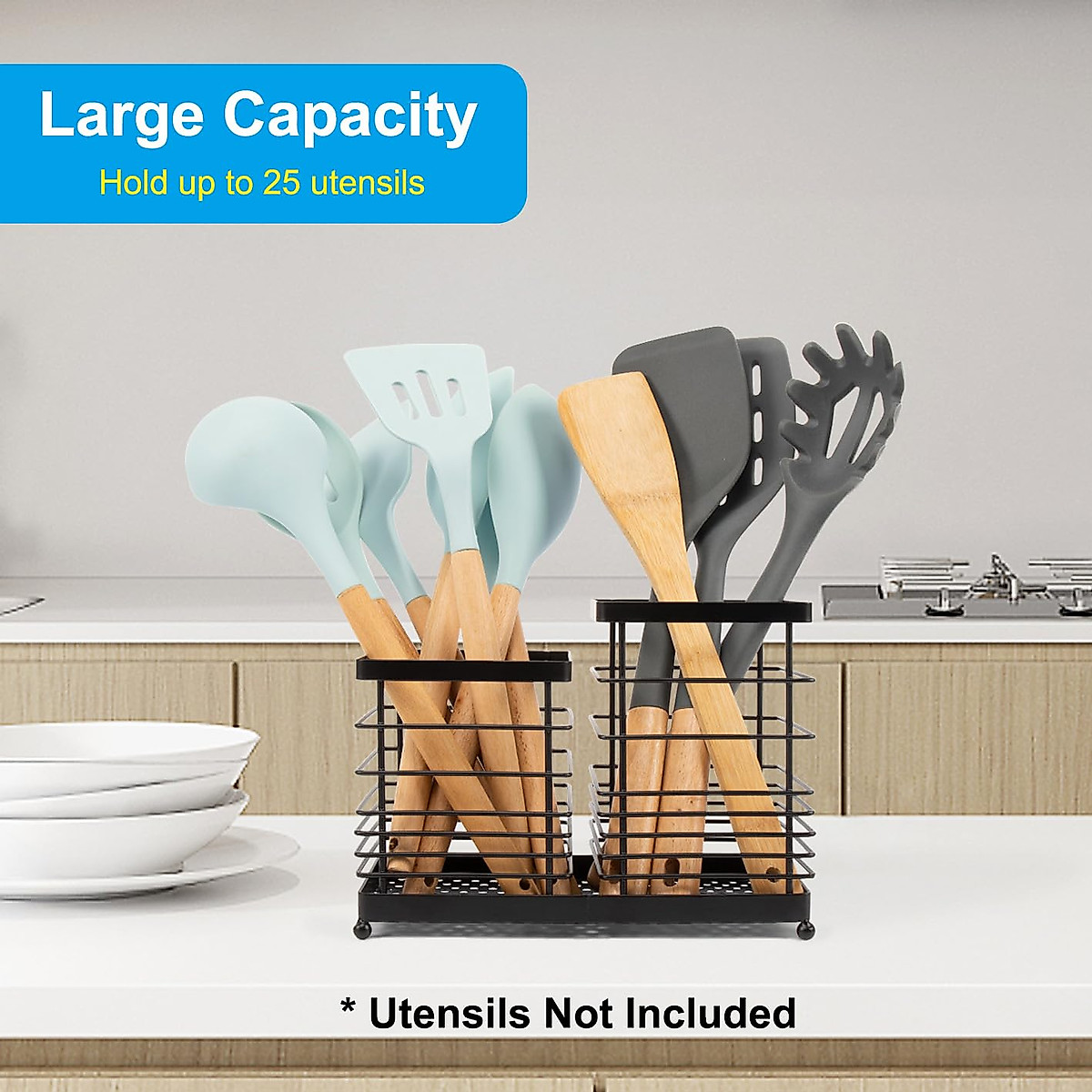 RedCall Utensil Holder for Countertop,Stainless Steel Kitchen Holder,2-In-1 Spoon Spatula Holder for Kitchen Counter,Large Wire Utensils Organizer,Black Cooking Tool Holder Storage Crock