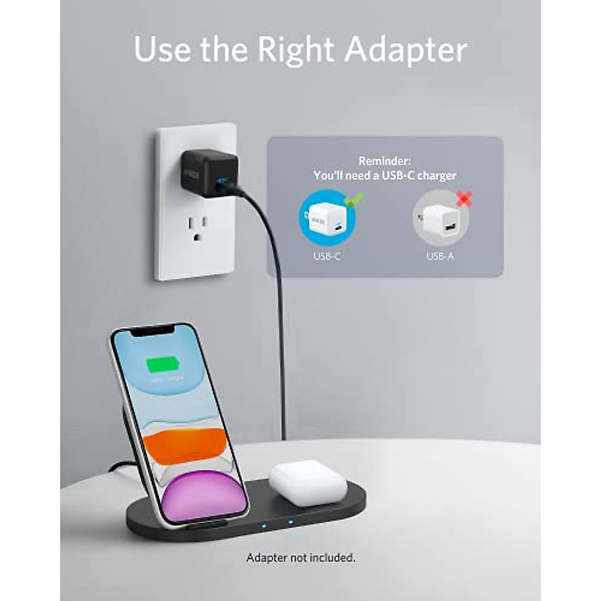 Anker Wireless Charging Station, PowerWave Sense 2-in-1 Station with 5 ft USB-C Cable, for iPhone 14/14 Pro/14 Pro Max/13/13 Pro Max, Samsung, AirPods and More (Adapter Not Included)