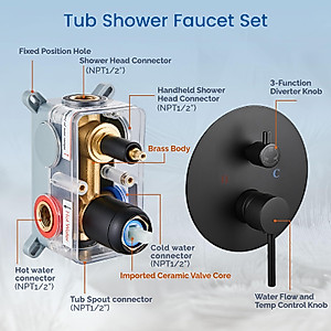 Airuida Round Shower System Set with Tub Spout, Wall Mount 3 Function Rain Shower Faucet Set, Matte Black 10 Inches Round Shower Head with 2 Functions Handheld Shower