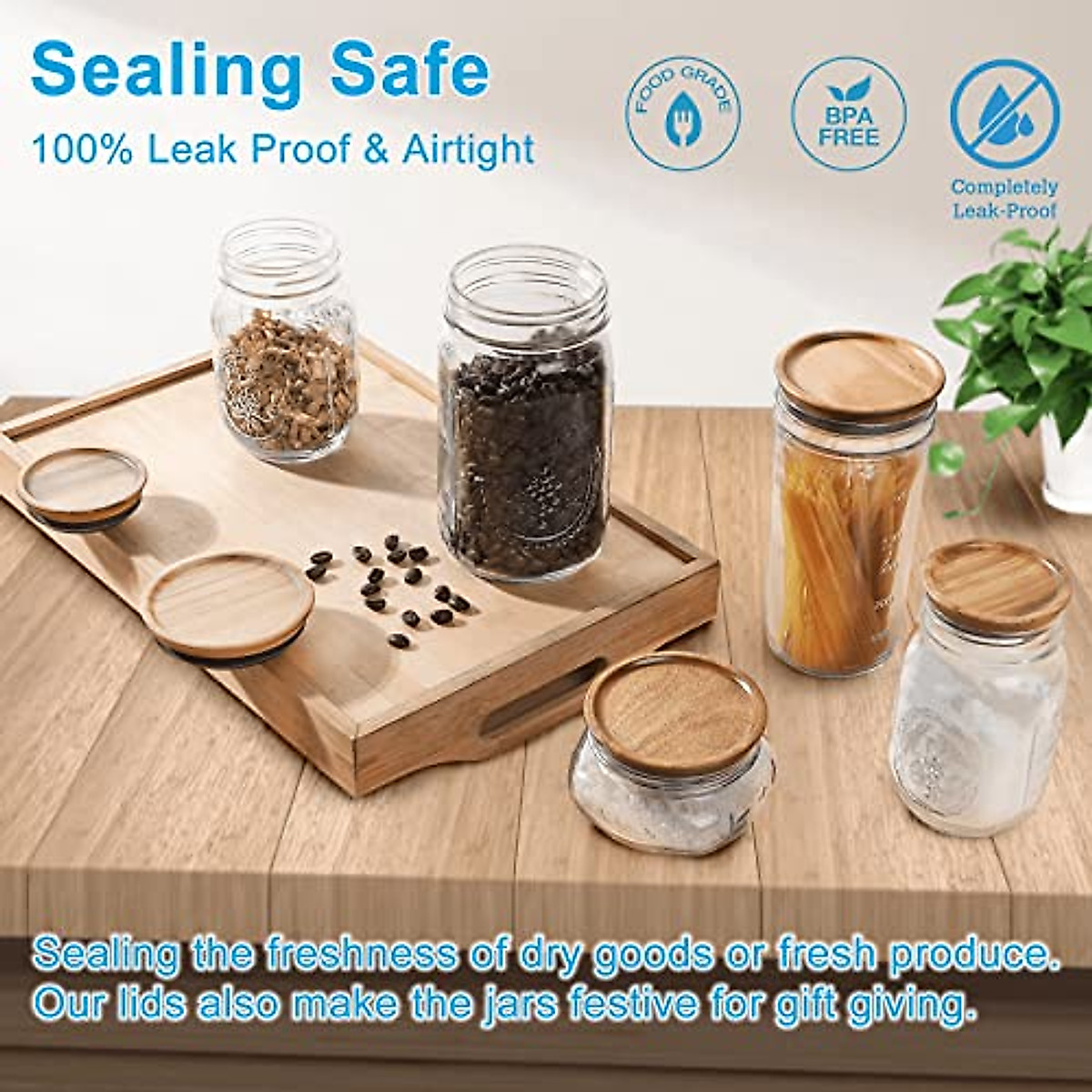 6 Pack Mason Jar Wooden Storage Lids, Reusable Canning Lids, Perfect for Wide Mouth Ball, Kerr, Weck Jars to Stack in Kitchen & Pantry, Food Grade Acacia Wood, BPA-Free, Leak Proof, Airtight