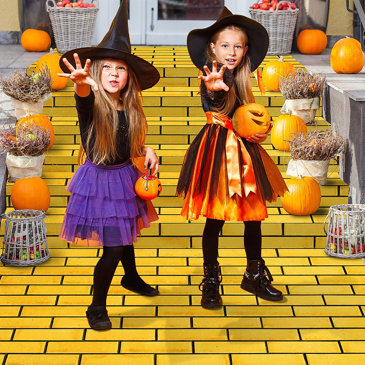 3Pcs Total 4.5x27 Feet Yellow Brick Road Floor Runner for Wizard Oz Party Decorations,Long Disposable Brick Stone Wall Backdrop Tablecloth for Halloween Princess Cosplay Medieval Castle Party Supplies