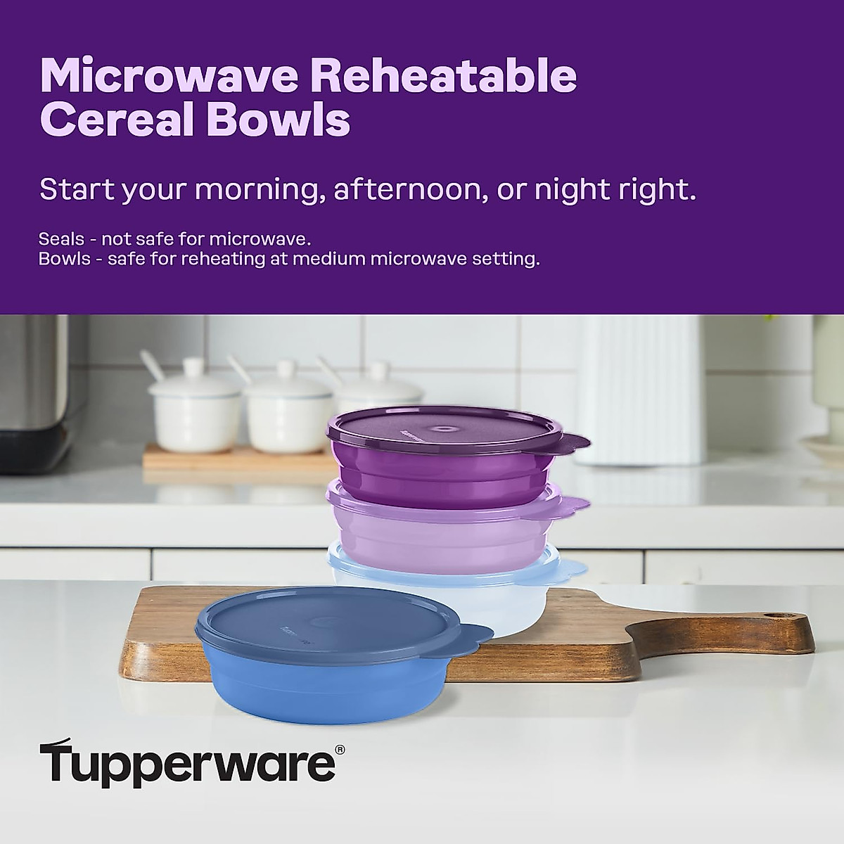Tupperware Microwave Reheatable Cereal Bowls Set - Dishwasher Safe & BPA Free - (4 Bowls + 4 Lids)