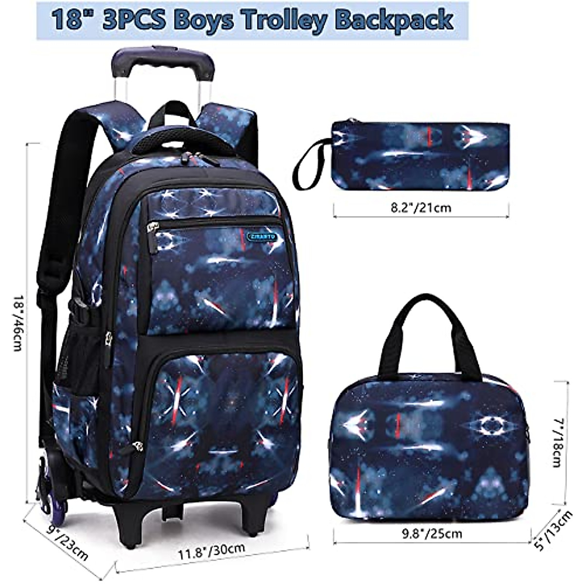Egchescebo 18" School Kids Rolling Backpack for Adults With Wheels Trolley Wheeled Backpacks for Boys Students Travel Bags Adults With Lunch Box Pencil bag 3PCS Navy Blue