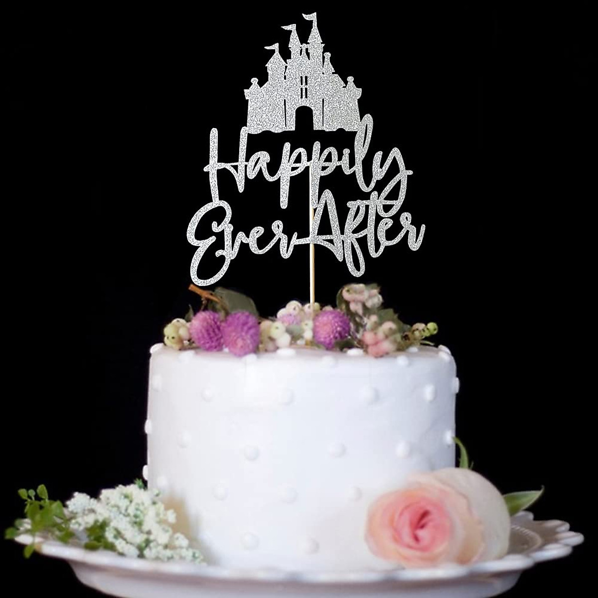 Happily Ever After with Castle Cake Topper Cinderella Castle Wedding Cake Decoor Engagement Bridal Shower Party Decorations Silver Glitter