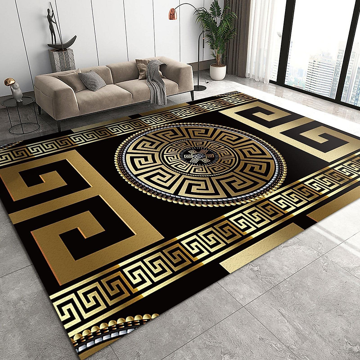 Retro Black Gold Greek Key Area Rugs, 3D Geometric Print Carpet, Indoor Non-Slip Kids Rugs, Machine Washable Breathable Durable Carpet for Front Entrance Floor Decor,2 x 3ft