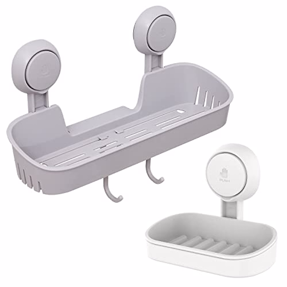 LEVERLOC Soap Holder Shower Caddy with 4 Hooks for Shower Suction Cup Wall Mounted NO-Drilling Removable Waterproof Strong Vacuum Suction Holder for Shower Bathroom Bathtub Kitchen