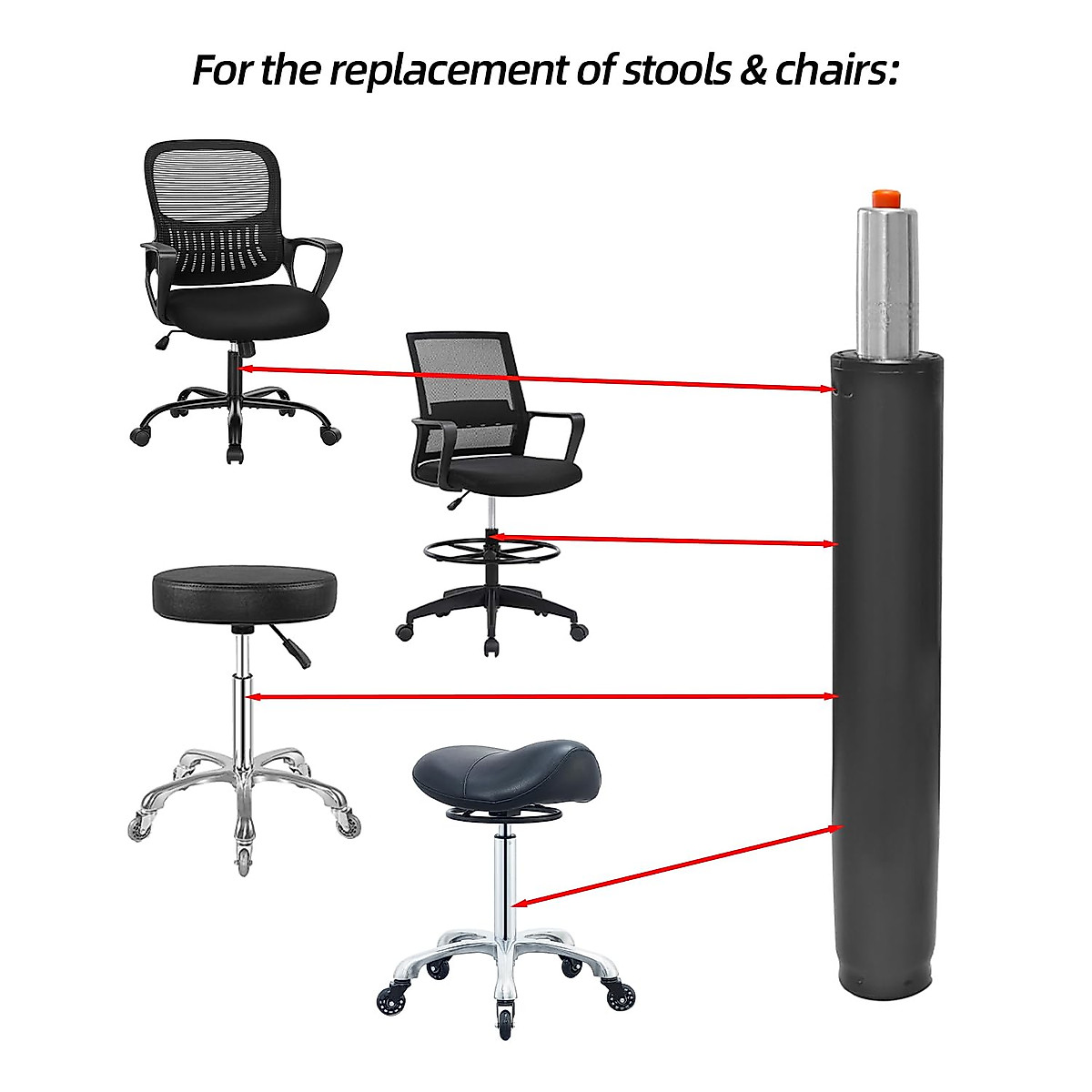 14" to 22" Long Adjustable Gas Lift Cylinder Tube for Office Chair Stool Replacement Parts,Heavy Duty Hydraulic Pneumatic Cylinder Shock Piston (8"Stroke,Black)