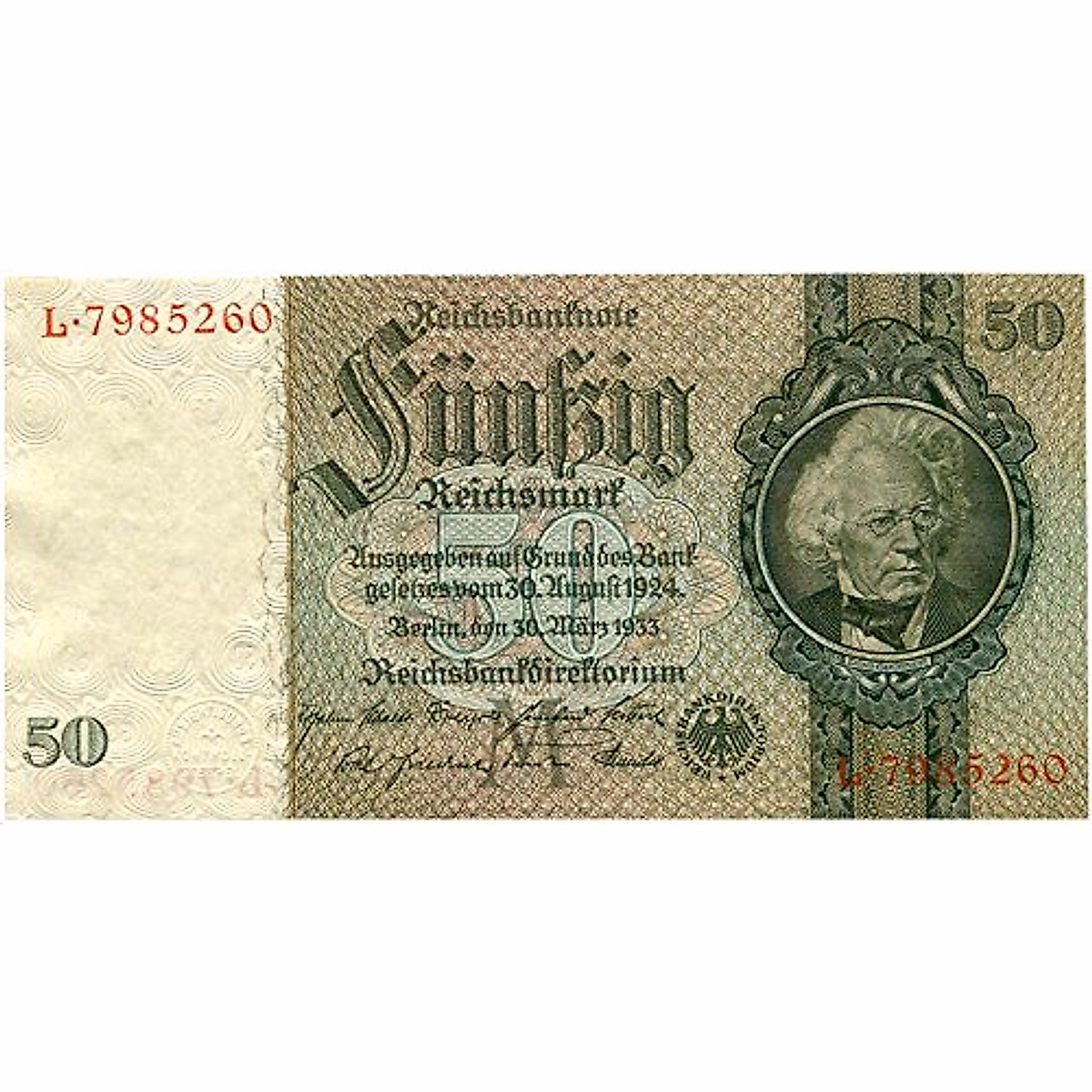 1933 DE EXCEPTIONAL LG NAZI 50 MARK NOTE w FAMED PRUSSIAN STATESMAN, ORNATE ENGRAVING, EMBOSSING, RARE WATERMARK - THE WORKS! 50 REICHSMARK SUPERB GEM CRISP UNCIRCULATED