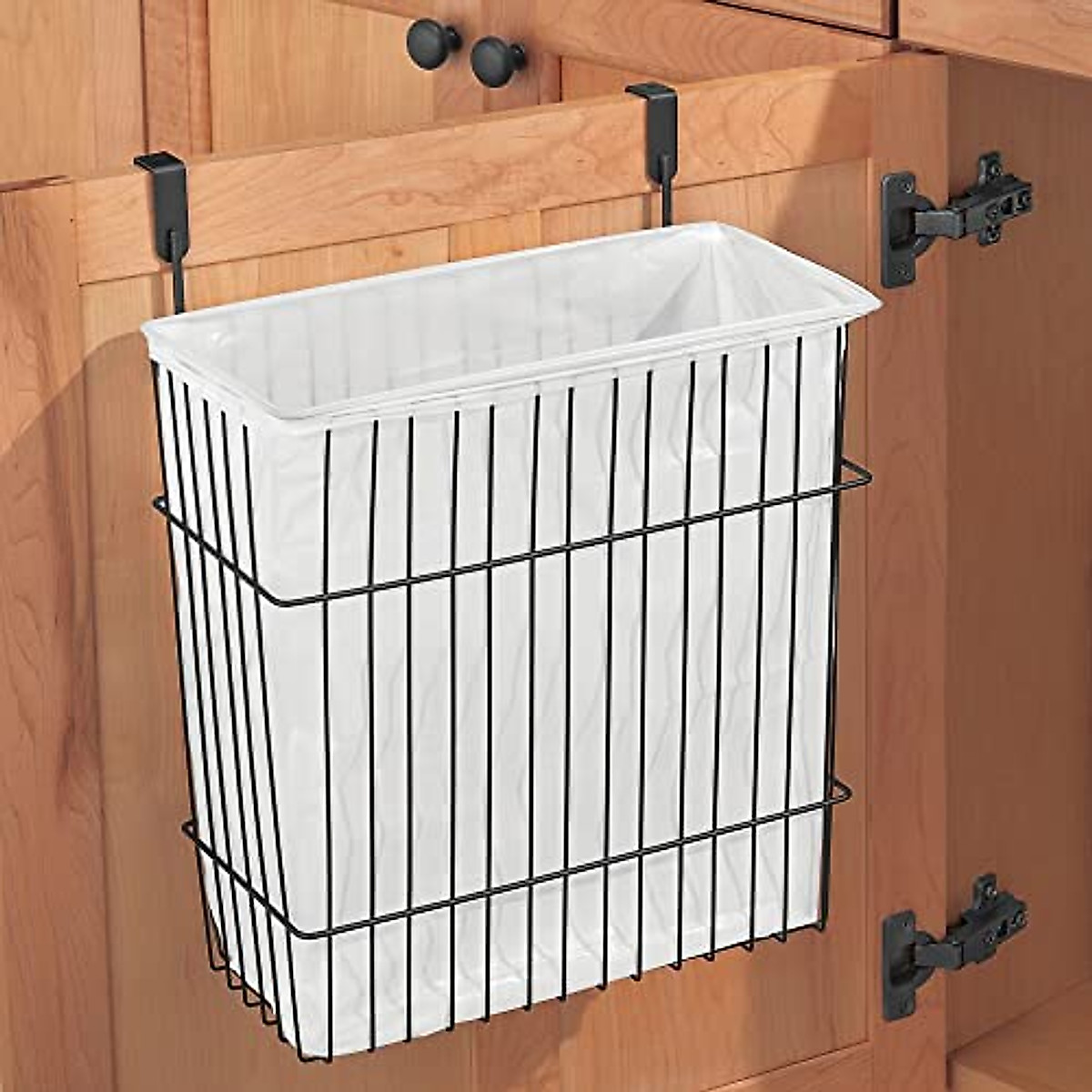 mDesign Steel Metal Wire Hanging Over Door Kitchen Storage Organizer Basket/Trash Can - Cabinet Door Holder Bins for Bags, Tin Foil, Wax Paper, Cling Wrap - Concerto Collection, 2 Pack, Matte Black