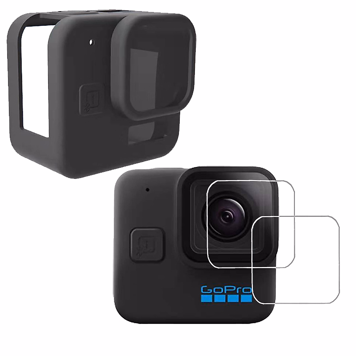 aMagisn Silicone Case Bag Screen Protector for GoPro HERO11 Black Mini Tempered Glass Film Cover Shield (1+2)