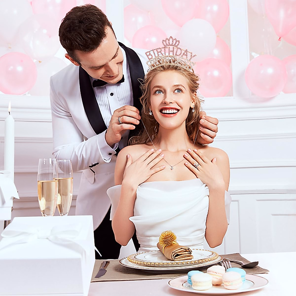 Birthday Princess Headband and Sash Set for Girls - Rhinestone Princess Tiara and Glitter Birthday Girl Crown - Perfect Birthday Gifts and Accessories for Women (Gold and Pink)