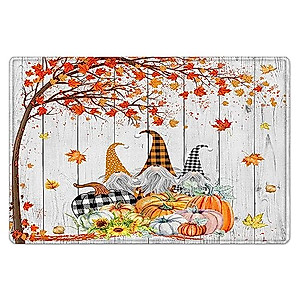 Fall Gnome Shower Curtain Thanksgiving Harvest Pumpkin Sunflower and Autumn Maple Leaf Shower Curtain Farmhouse Vintage Fabric Shower Curtain Set for Bathroom with Bath Mat and Hooks,72x72 inches