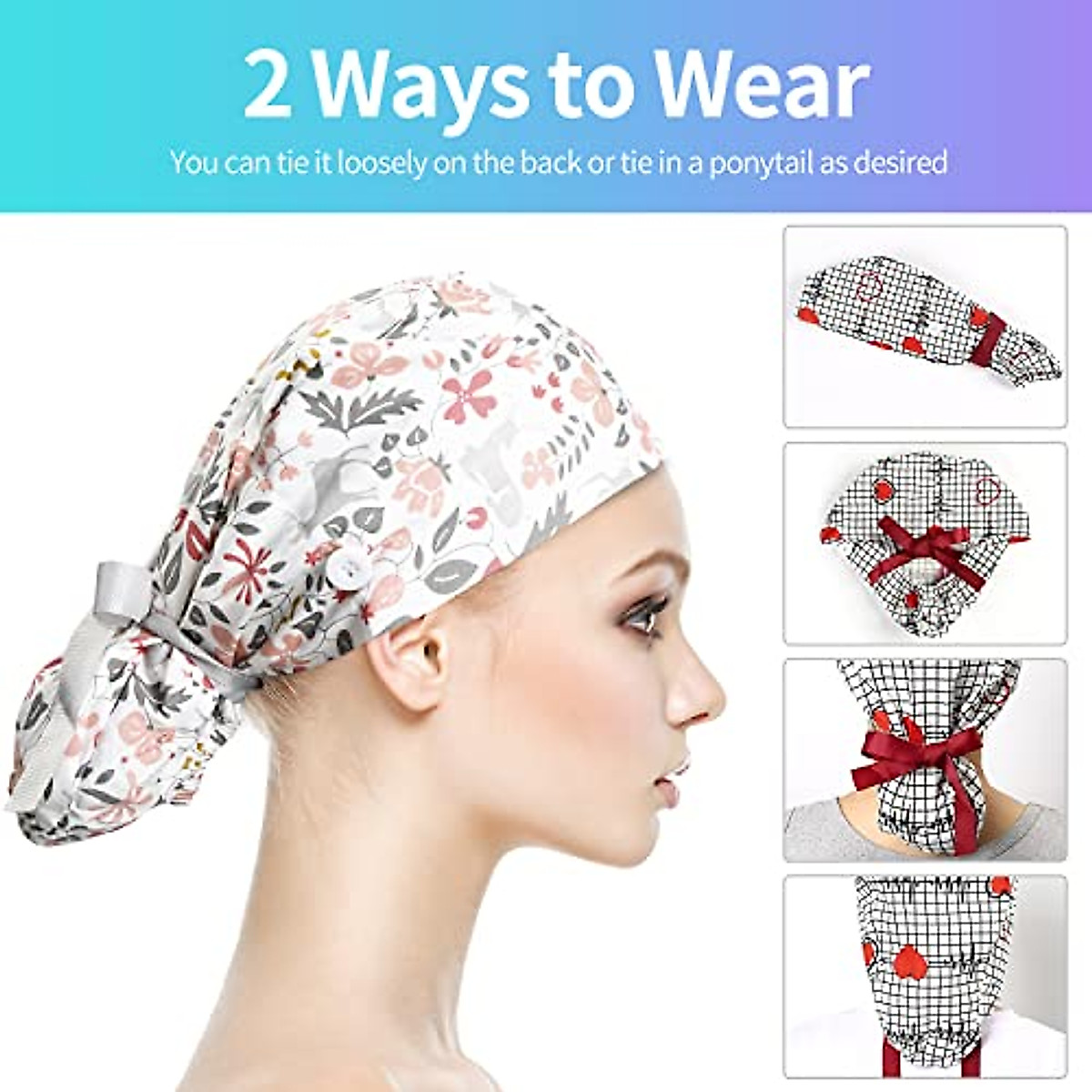 6 pcs Adjustable Bouffant Scrub Turban Cap with Buttons for Nurse Long Hair Ponytail,Surgical Beanie Hat for Medical Working