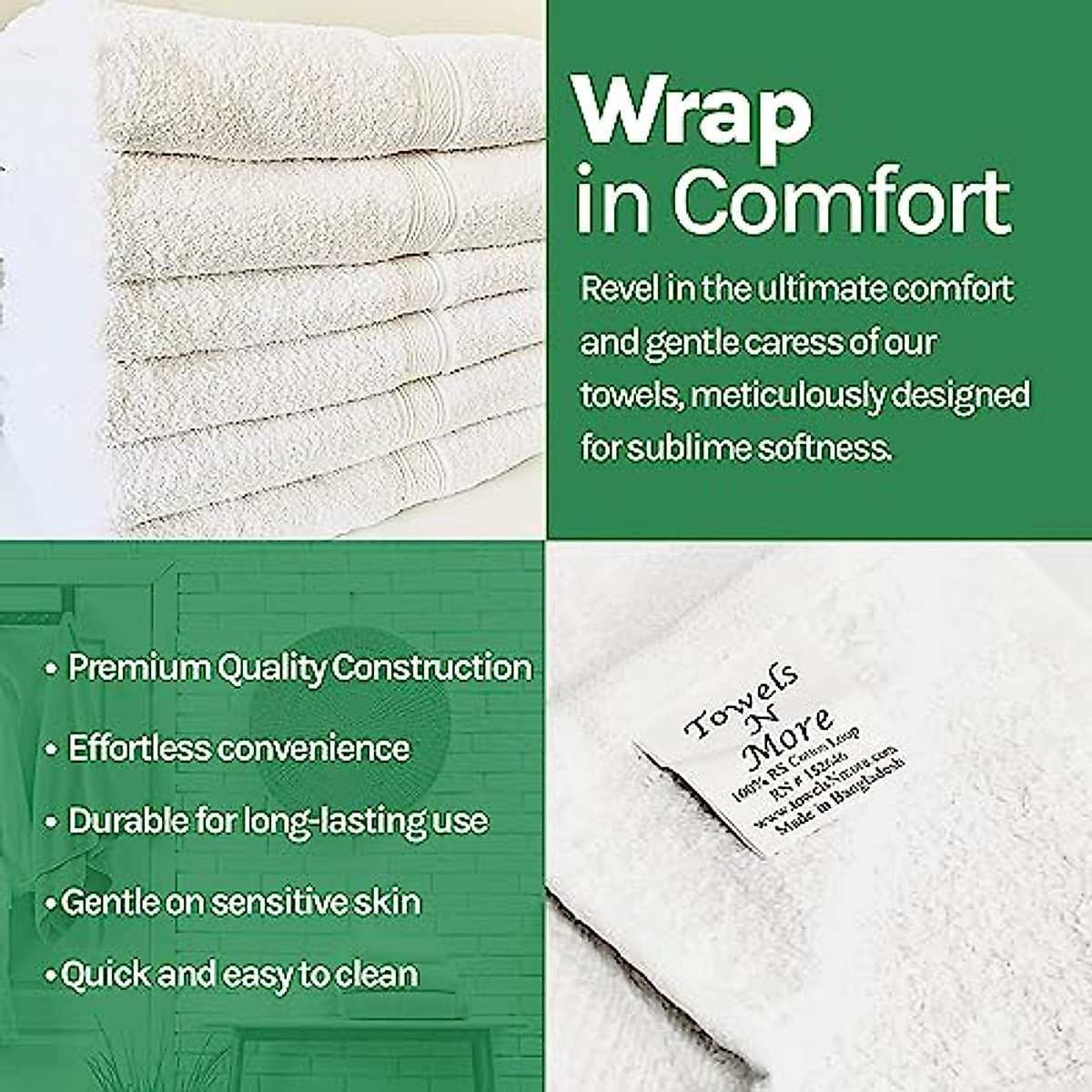 Towels N More - 6 Pack 22x44 Super Absorbent and Easy Care 100% Cotton Towels Ring Spun Loop - Home Essentials White and Soft Bathroom Towels Set - Ideal for Home, Gym, Hotels, Salon, Hair Dry