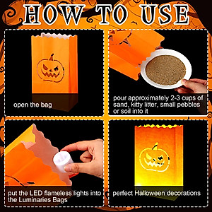 Meanplan 48 Pcs Halloween Luminary Bags with LED Light Candles Set 24 Pcs Luminary Candle Bags 24 Pcs LED Tealight Candles Ghost Lantern Bags for Halloween Outdoor Indoor Patio Decorations (Novel)