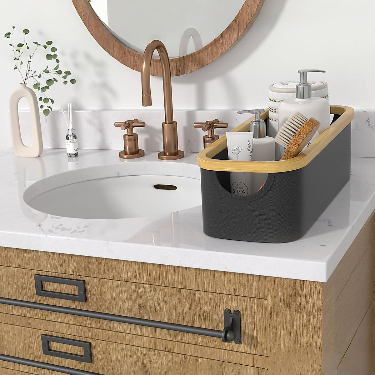 Lifewit Toilet Tank Topper Paper Basket 2 Packs, Bamboo Foldable Back of Toilet Organizer Tray with Handles, 9.5L Bathroom Fabric Storage Bins for Countertop, Shelves, Closet, Laundry, Nursery, Black