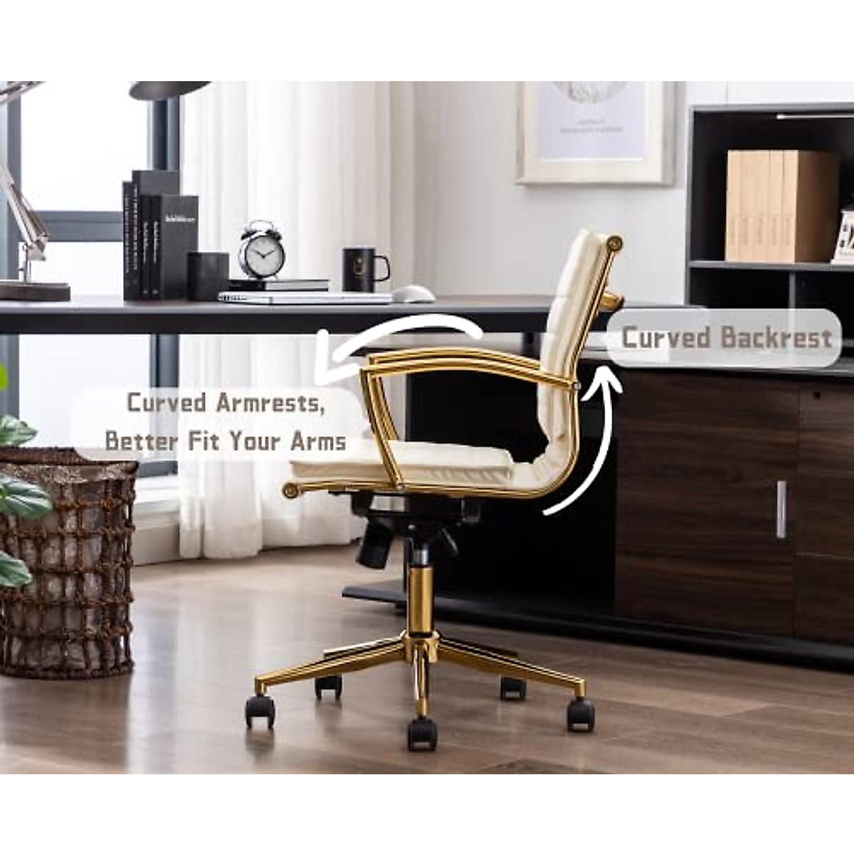 CIMOTA Leather Office Chair Comfortable Mid-Back Gold Office Desk Chair with Wheels and Arms Gold Frame Modern Ergonomic Conference Task Chair Swivel Chair for Teens Adults, PU Beige