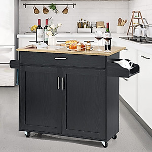COSTWAY Kitchen Island Cart, Rolling Storage Trolley Cart with Lockable Rubber Wheels, Large Cabinet, Drawer, Spice Rack and Towel Rack, Kitchen Serving Utility, 3-Position Adjustable Shelf (Black)