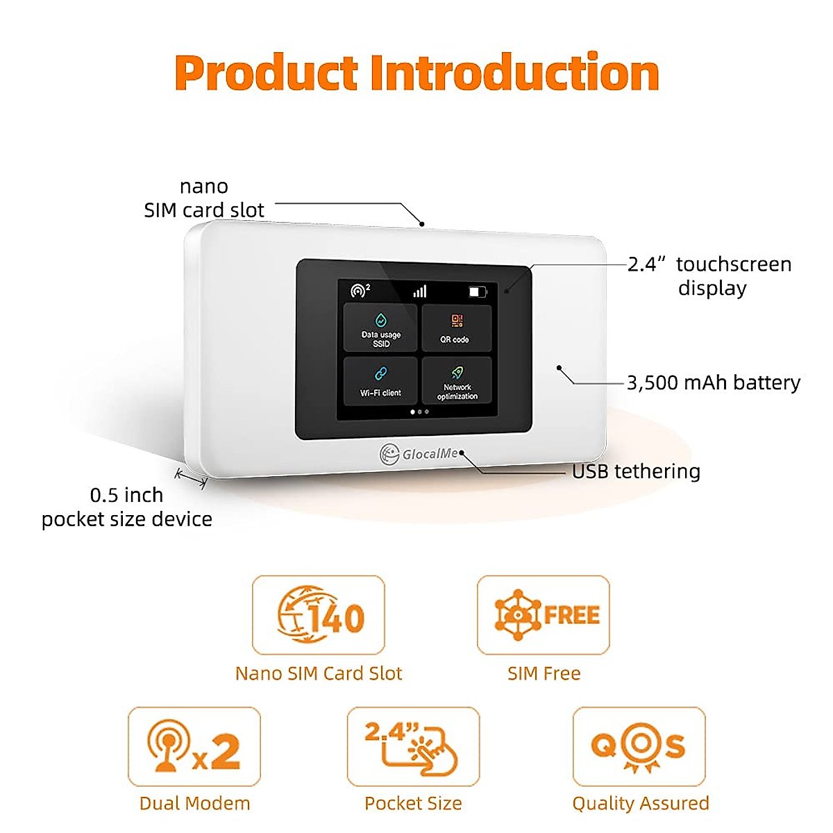 GlocalMe DuoTurbo 4G LTE Portable WiFi Hotspot for Travel in 200+ Countries, Mobile Hotspot Device with Global 1GB & Local 10GB Data 30Days, SIMFREE and Dual Modem, 10 Devices Connected(White)