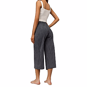 RESHE Womens Capri Pants Wide Leg Loose Comfy Drawstring Lounge Pajama Pants Yoga Capris with Pockets (Deep Hemp Gray, S)