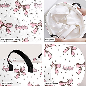 Personalized Laundry Basket Hamper,Pink Bow Dots Name Text,Collapsible Storage Baskets with Handles for Kids Room,Clothes, Nursery Decor