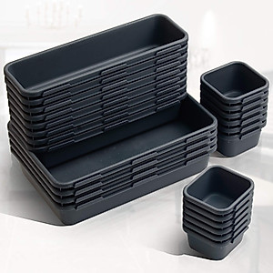 Interlocking Desk Drawer Organizer Tray, 24 PCS Desk Drawer Organizer, Office Drawer Dividers Storage Bins for Kitchen Bathroom Office, 3 Different Sizes, Grey