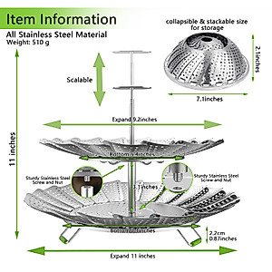 VOGARB Vegetable Steamer Basket,2 Layer Kitchen Baskets Capacity for Food Cooking,Stainless Steel Collapsible and Expandable,Large&Small Separably to Fit Various Size Pot