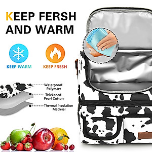 LOKASS Lunch Box for Women-Double Deck Insulated Adults Lunch Bag with Removable Shoulder Strap-Cow Print Cute Wide Open Lunch Tote for Work/Office/Picnic/Beach/Travel