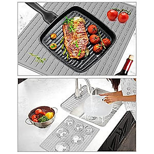 Large Silicone Dish Drying Mat with Faucet Mat - 20" x 16" - Dish Drying Mat, Dish Drainer Mat for Kitchen Counter, Heat Resistant Hot Pot Pad, Non-Slip Sink Mat, BPA Free, Dish Washer Safe(Grey)