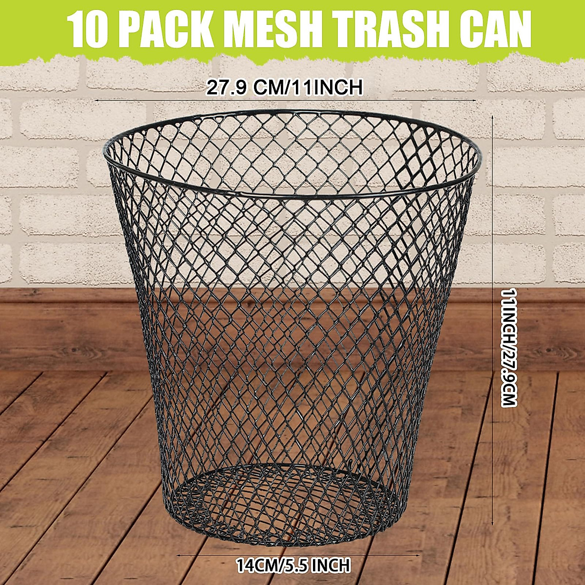 Generic 10 Pack 11inch Black Round Waste Basket,Wire Mesh Desk Metal Trash Garbage Can Wastebasket Recycling Trash Bins Garbage Container for Bedroom Office School, brown